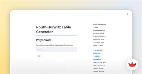 Routh Hurwitz Table Generator