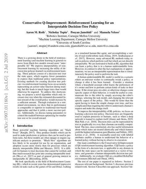 Pdf Conservative Q Improvement Reinforcement Learning For An Interpretable Decision Tree Policy
