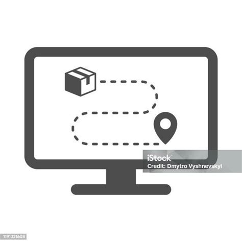 흰색 배경에 격리된 온라인 배달 서비스 벡터 아이콘입니다 배달 상태를 표시하는 익스프레스 배달 앱이 있는 데스크톱 컴퓨터입니다 웹 모바일 및 Ui 디자인을 위한 배달 스톡