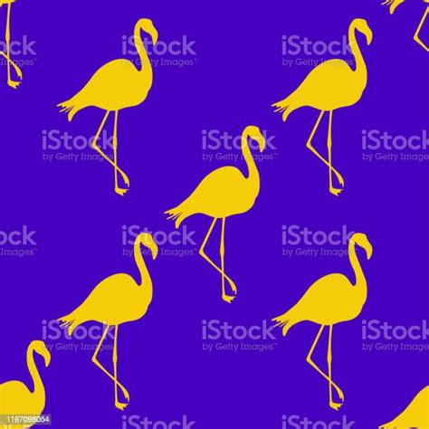 원활한 플라밍고 패턴 벡터 일러스트레이션 노란색 플라밍고 무늬 보라색 배경입니다 여름 배경 화면 배경 만화 벡터 일러스트 레이션
