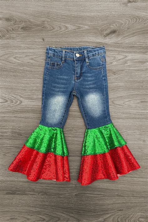 Merry Sequin Denim Bell Bottom Set Girls Christmas Clothing