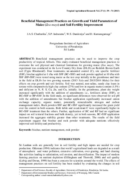 Pdf Beneficial Management Practices On Growth And Yield Parameters Of Maize Zea Mays And