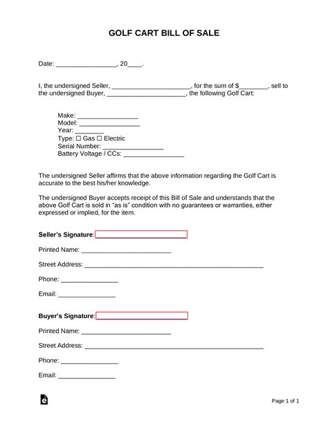 Free Golf Cart Bill Of Sale Form Pdf Word Eforms
