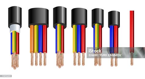 다양 한 종류의 전원 전선 도체와 음향 케이블 전체 시스 현실적인 설정 벡터 일러스트와 함께 개최 차폐 및 추가 절연 전기 연료 및 전력 생산에 대한 스톡 벡터 아트 및