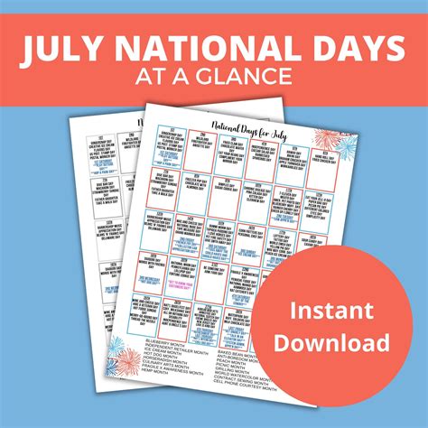 Printable July National Day Calendar Bulletin Board Social Media