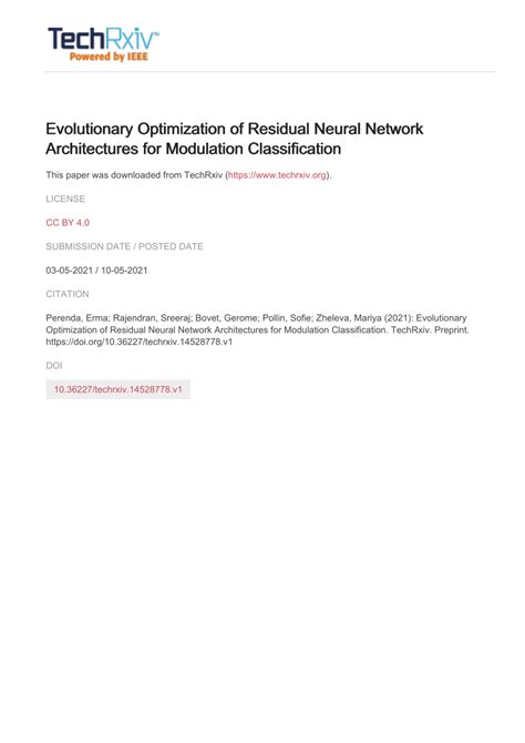 Pdf Evolutionary Optimization Of Residual Neural Network Architectures For Modulation