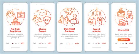 개념과 모바일 앱 페이지 화면 온보딩 포괄적 인 사회 사회 및 재정 지원은 다섯 단계의 그래픽 지침을 연습합니다 Rgb 색상 일러스트레이션이 있는 Ui 벡터 템플릿 5에
