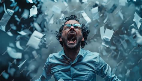 Premium Photo A Man In A Blue Shirt Is Screaming In A Room Full Of Paper