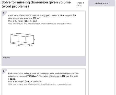 Solve For Missing Dimension Given Volume Word Problems Worksheets