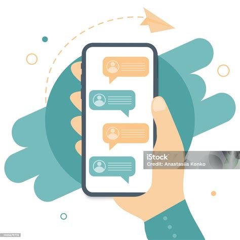 현대적인 평면 스타일의 스마트 폰과 손 Sms 개념으로 송수신 메시징 및 문자 메시지 온라인 대화 소셜 네트워크 통신 벡터 소셜 네트워킹에 대한 스톡 벡터 아트 및 기타