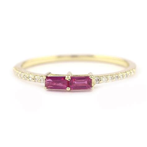 Double Ruby Baguette Ring 14k Solid Gold Genuine Ruby And Diamond Ring