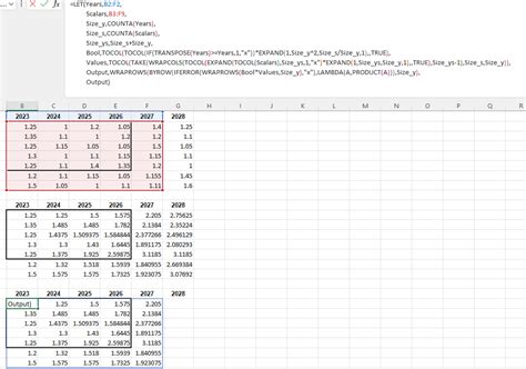 excel compounding matrix generation with array inputs stack overflow