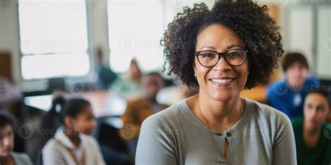 Smiling African American Woman Teaching In Classroom Ai Generated