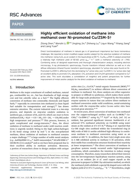 Pdf Highly Efficient Oxidation Of Methane Into Methanol Over Ni Promoted Cu Zsm 5