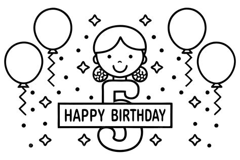 어린이 파티 장식을 위한 소녀 풍선과 축제 배너의 재미있는 그림이 포함된 인쇄 가능한 생일 축하 컬러링 시트 행복하다 생일 착색 Png 일러스트 및 이미지 에 대한