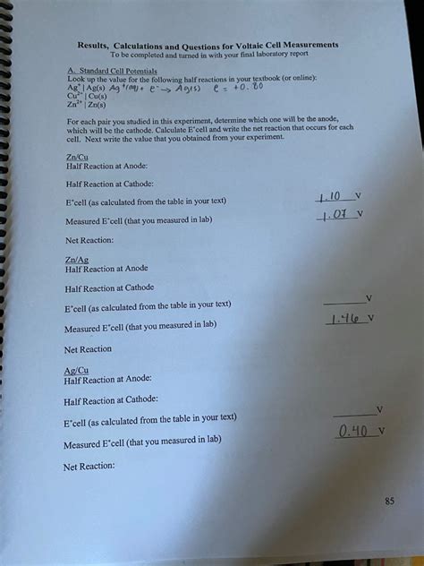 Solved Pre Lab Exercise Name Experiment 9 Voltaic Cell