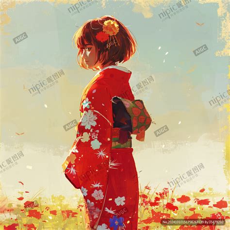ai创作图和服少女日本和服 日系风格女孩插画 日系女孩插画 日式和服女孩 樱花少女背影 雏菊少女插画 日系少女插画 日系平涂 花季少女插画