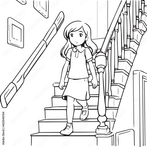 Girl Down In The Stair Line Art Coloring Page Vector Illustration Stock