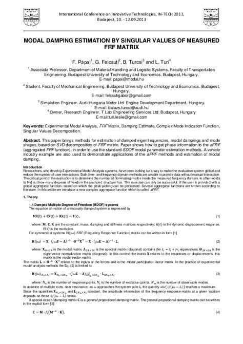 Modal Damping Estimation By Singular Values Of Measured Frf Matrix