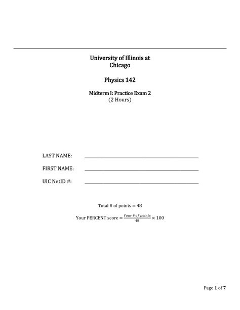 PHYS MID1B Midterm 1 Practice Exam University Of Illinois At Chicago Physics 142 Midterm I
