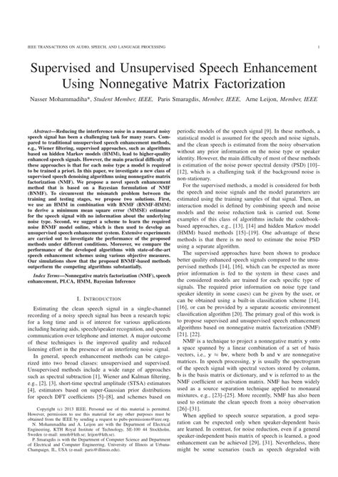 Pdf Supervised And Unsupervised Speech Enhancement Using Nonnegative Matrix Factorization