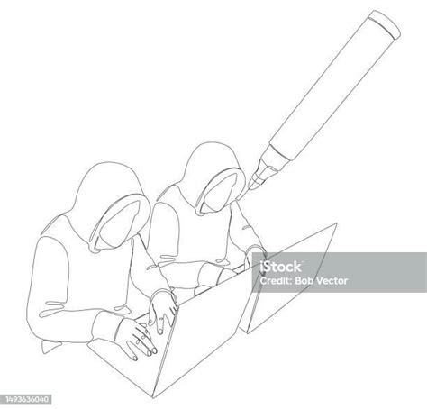 펠트 팁 펜으로 그려진 컴퓨터 해커의 연속 라인 가는 선 그림 벡터 개념입니다 등고선 그리기 창의적인 아이디어 검은색에 대한 스톡 벡터 아트 및 기타 이미지 Istock