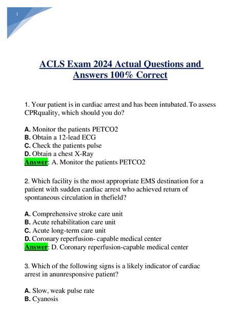 ACLS Exam 2024 Actual Questions And Answers 100 Correct Pdf Exams Literature Docsity