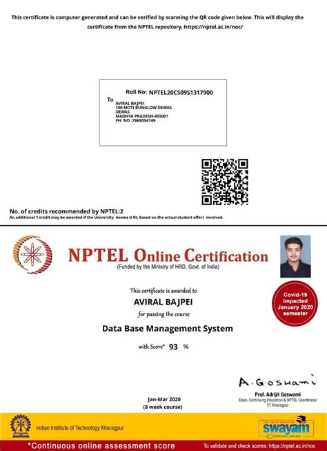 Aviral Bajpei On Linkedin Nptel Databasemanagementsystemdbms Certificateofcompletion 10