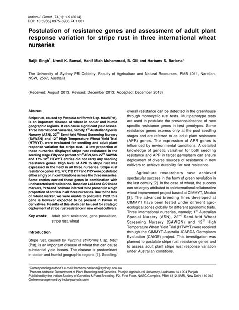 Pdf Postulation Of Resistance Genes And Assessment Of Adult Plant Response Variation For