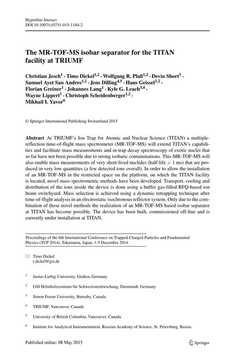 Pdf The Mr Tof Ms Isobar Separator For The Titan Facility At Triumf