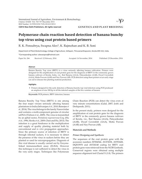 Pdf Polymerase Chain Reaction Based Detection Of Banana Bunchy Top Virus Using Coat Protein