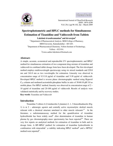 Pdf Spectrophotometric And Hplc Methods For Simultaneous Estimation Of Tizanidine And