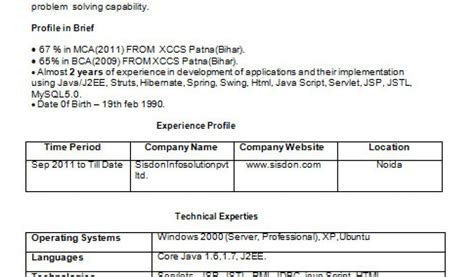2 Year Experience Resume Format In Word Java J2ee 2 Years Experience