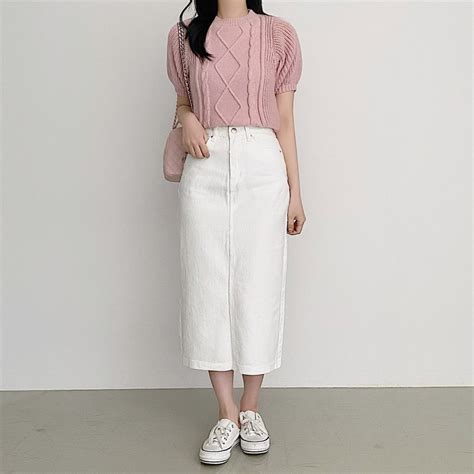 핏엔 빅사이즈 화이트 데님 롱 청 코튼 H라인 스커트 치마 흰치마 흰색 봄 면 하이웨스트 흰스커트 화이트데님스커트 흰색스커트 하얀치마
