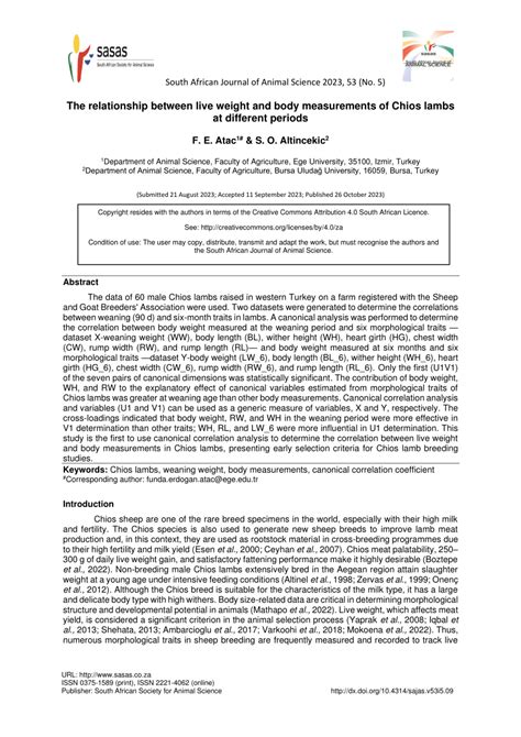 Pdf The Relationship Between Live Weight And Body Measurements Of Chios Lambs At Different Periods