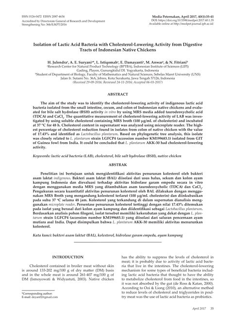 Pdf Isolation Of Lactic Acid Bacteria With Cholesterol Lowering