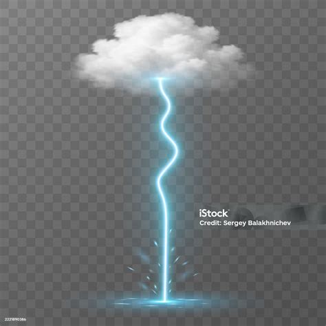 투명한 배경에 푹신한 구름에서 타격하는 사실적인 푸른 번개 자연의 힘과 역동적인 날씨 장면에 대한 충격에 반짝임이 있는 빛나는 에너지 효과 벡터 격노한에 대한 스톡 벡터