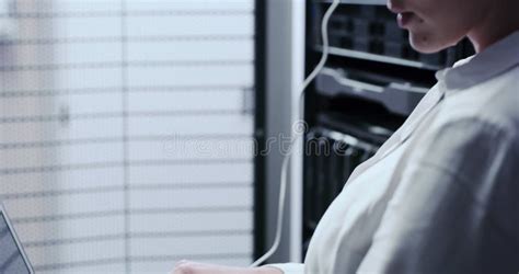Woman Server Room And Laptop With Cables Connection For System Maintenance Hardware Or