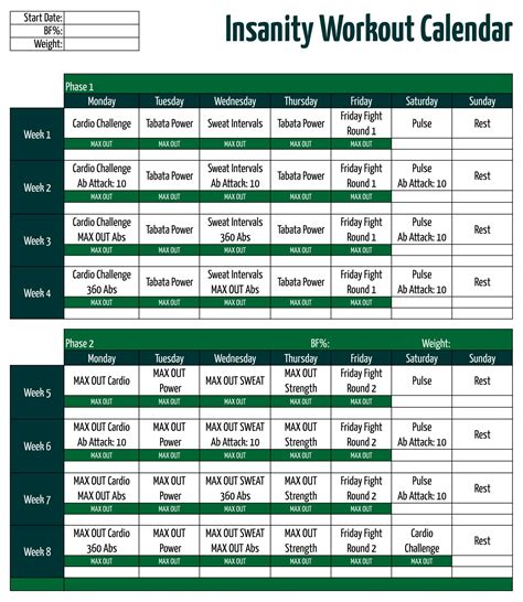 Insanity Calendar Printable