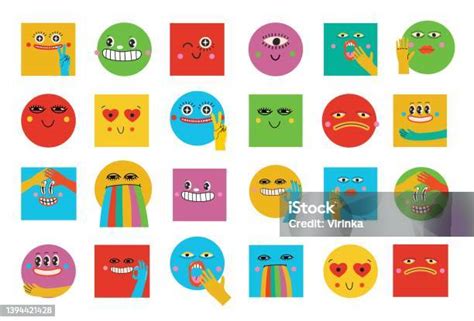 미친 추상 만화 캐릭터 요소와 기하학적 얼굴의 컬렉션 밝은 색상 만화 스타일 벡터 일러스트 레이 션 미소에 대한 스톡 벡터 아트 및 기타 이미지 Istock