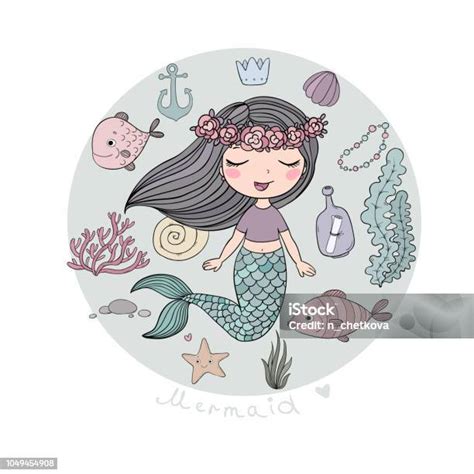 해양 그림을 설정합니다 작은 귀여운 만화 인 어 재미 있는 물고기 불가사리 메모 조류와 함께 병 다양 한 조개와 게 바다 테마입니다 흰색 바탕에 고립 된 개체입니다