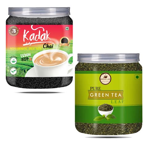 Brew Lab Kadak Chai And Pure Green Tea Leaf Combo 250gm Each Instant Tea Vacuum Pack 2 X 250 G