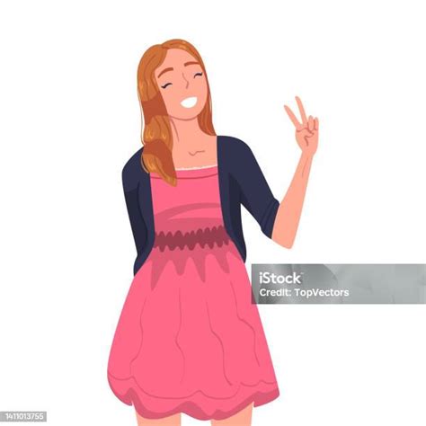 긍정적 인 V 기호를 보여주는 여성 캐릭터 손 제스처 벡터 일러스트 레이 션 감정에 대한 스톡 벡터 아트 및 기타 이미지 감정 개념 긍정적인 감정 표현 Istock