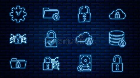Set Line Open Padlock Server Security With Broken Or Cracked Lock