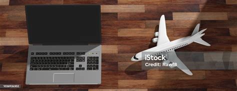 상업 비행기와 나무 바닥 배경에 노트북 보기 가기 3 차원 일러스트 레이 션 가정의 방에 대한 스톡 사진 및 기타 이미지 가정의 방 개념 공항 Istock