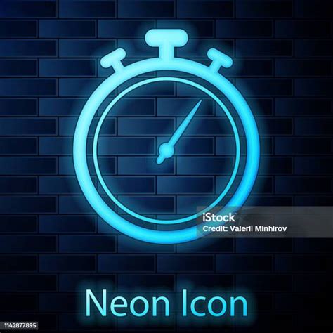 빛나는 네온 스톱 워치 아이콘 벽돌 벽 배경에 고립 시간 타이머 기호입니다 크로 노 미터 기호 벡터 일러스트 0명에 대한 스톡 벡터 아트 및 기타 이미지 Istock