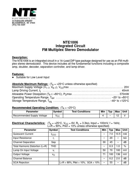 Nte1006 Datasheet Nte Integrated Circuit Fm Multiplex Stereo