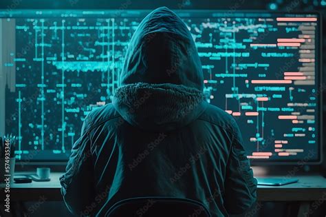 A Hacker Wearing Hoodie And Run Codes On A Virtual Screen Stock