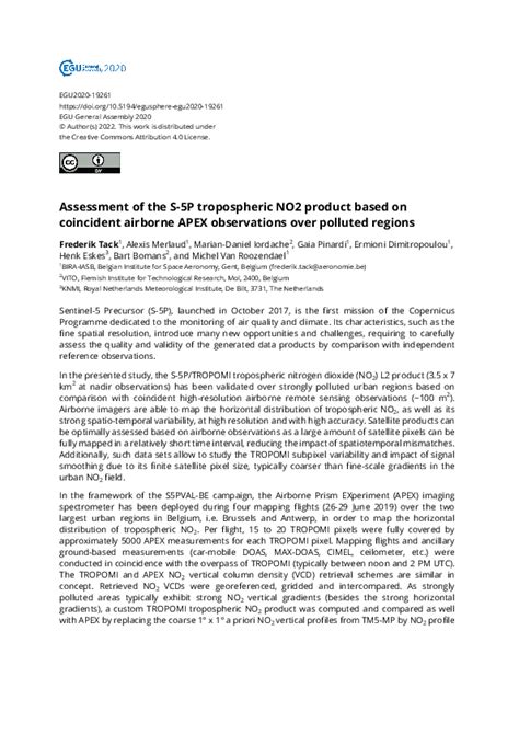 Pdf Assessment Of The S 5p Tropospheric No2 Product Based On Coincident Airborne Apex