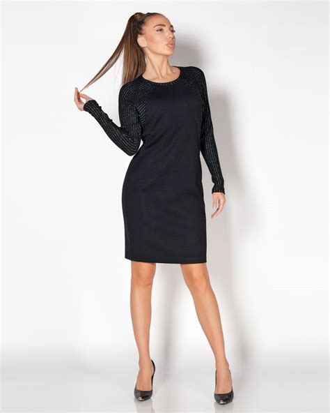 Azalea черна спортно елегантна дамска рокля с дълъг реглан ръкав от плетиво